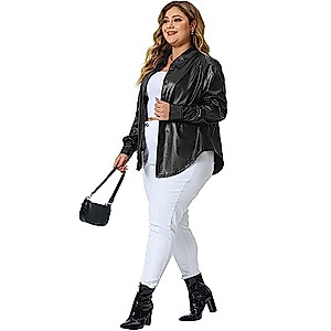 Agnes Orinda Plus Size Faux Leather Jacket Shacket for Women Motorcycle Biker Button Down Shirts 2X Black