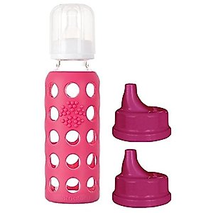 Lifefactory Glass Baby Bottle 9oz and 2 Transitioning Sippy Caps (Raspberry)