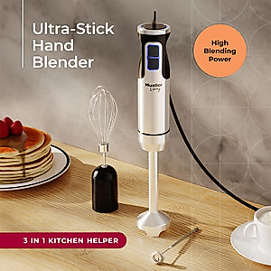 Mueller Ultra-Stick 500 Watt 9-Speed Immersion Multi-Purpose Hand Blender Heavy Duty Copper Motor Brushed 304 Stainless Steel With Whisk, Milk Frother Attachments
