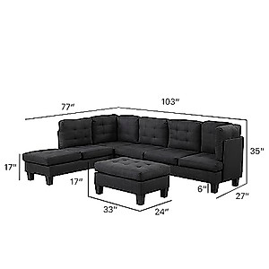 Casa Andrea Milano 3 Piece Modern Tufted Micro Suede L Shaped Sectional Sofa Couch with Reversible Chaise & Ottoman, Large