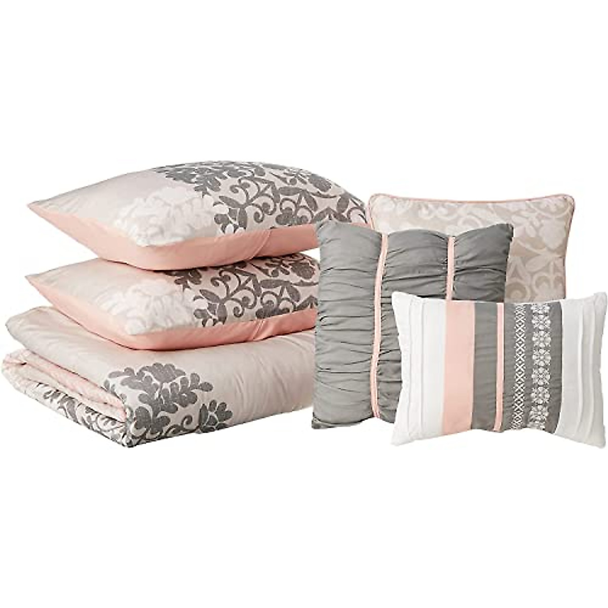 Home Essence Springfield Cozy Pink and Grey Comforter Set Floral Medallion Print - All Season Down Alternative Bedding Layer with Matching Bedskirt, Shams, Decorative Pillow, Queen, Coral 7 Piece