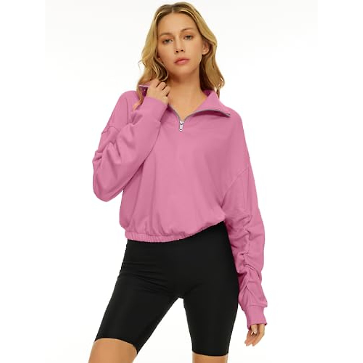Trendy Queen Half Zip Pullover Womens Sweatshirts Cropped Hoodies Quarter Zip Long Sleeve Fall Outfits Fashion Clothes 2023 Pink