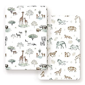 Stretchy Ultra Soft Jersey Knit Fitted Pack n Play Sheets Set 2 Pack, Portable/Mini Crib Sheets for Boys and Girls, Stylish Playard Sheets Fitted Safe and Snug, African Savannah Animals Pattern