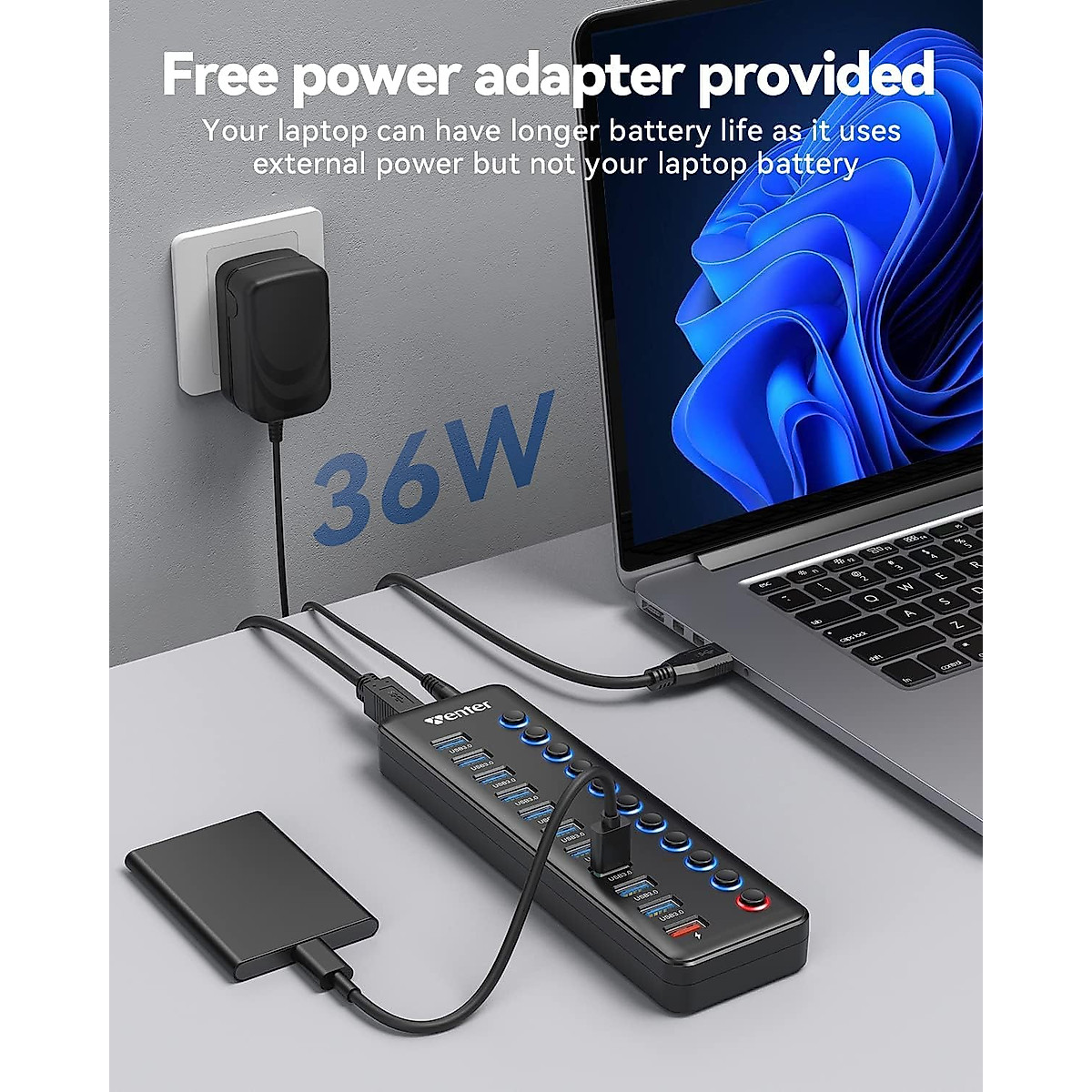 Powered USB Hub, Wenter 11-Port USB Splitter Hub (10 Faster Data Transfer Ports+ 1 Smart Charging Port) with Individual LED On/Off Switches, USB Hub 3.0 Powered with Power Adapter for Mac, PC