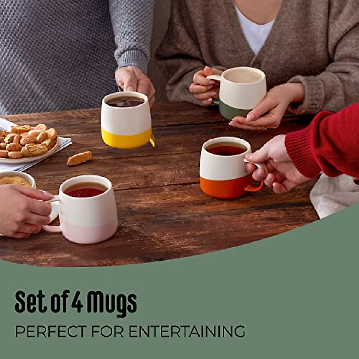 Ceramic Coffee Mugs Set of 4 - Large Stoneware Cups - Hand-Painted, Two-Tone Glazed Mug for Coffee, Tea, and More - Microwave & Dishwasher Safe