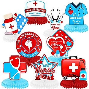 HOWAF 9pcs Nurse Day Party Decorations Honeycomb Centerpieces, Thank You Nurses Table Centerpieces, Nurse Appreciation Week Table Topper for Happy International Day Party Decorations Supplies