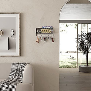 OROPY Entryway Mail Holder with Key Hooks, 11.0" L×2.6" W×5.1" H, Wall Mounted Matte Black Metal Wire Mesh Storage Basket with 5 Hooks, Easy to Organize Letters, Magazines, Keys, Leashes for Entryway