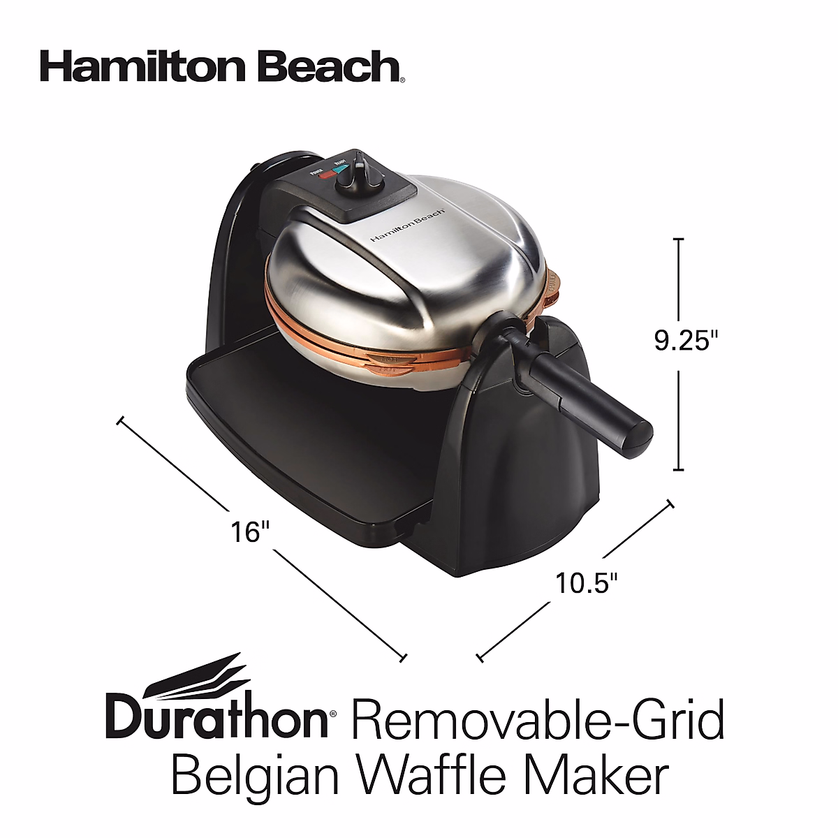 Hamilton Beach 26031 Belgian Waffle Maker with Removable Nonstick Plates, Single Flip, Ceramic Grids, Black