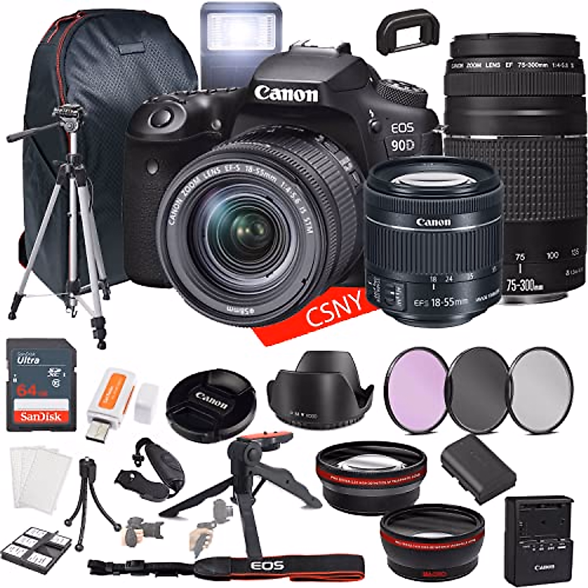 CaCanon EOS 90D DSLR Camera w/EF-S 18-5mm F/4-5.6 is STM Lens + 75-300mm F/4-5.6 III Lens + 64GB Memory + Back Pack Case + Tripod, Lenses, Filters, & More (28pc Bundle)