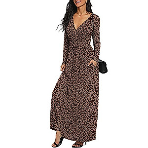 LILBETTER Women Long Sleeve Deep V Neck Loose Plain Long Maxi Casual Dress(F Leopard Deep Khaki,Large)