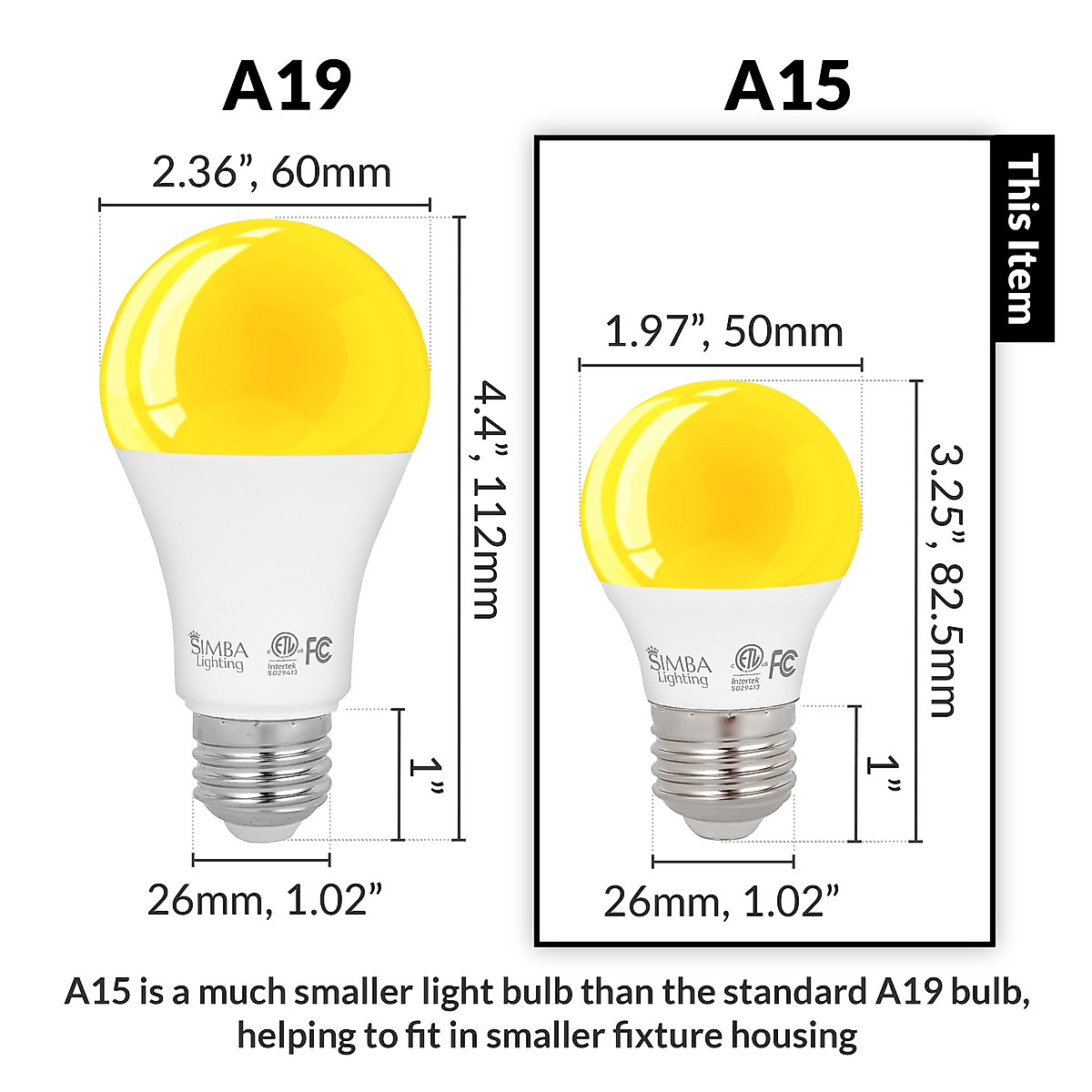 Simba Lighting LED Bug Non-Attracting Yellow Bulb 5W 40W Equivalent (4 Pack), Great for Outdoor Porch Light, Patio, Security, Night Light, Amber Warm Light, Compact A15 Shape E26 Medium Base