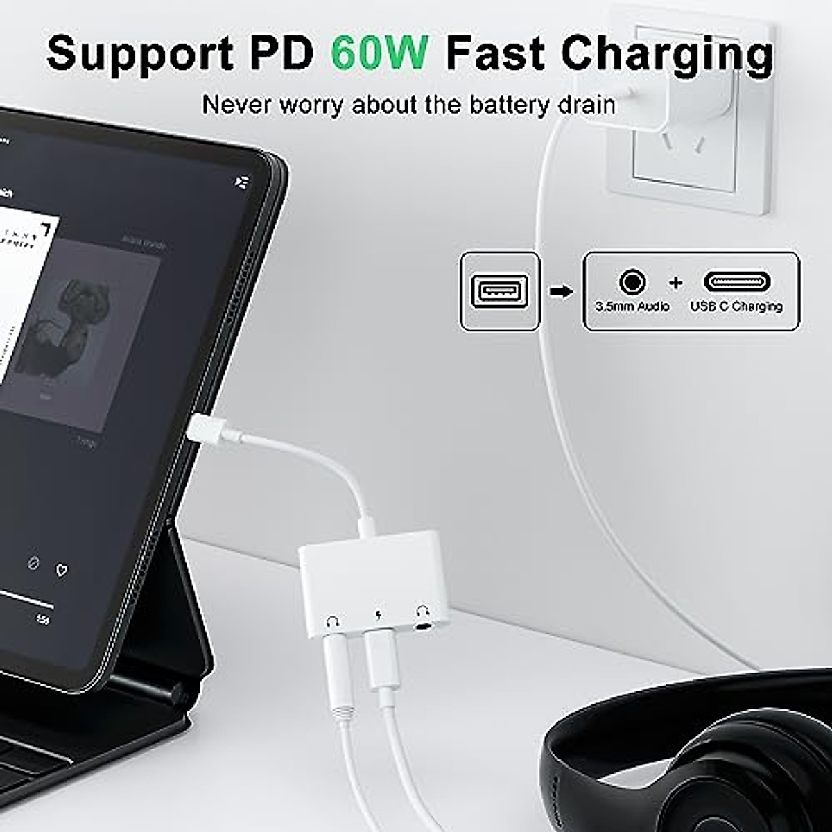 Headphone Splitter for iPad, Dual Headphone Adapter for iPad,USB-C Headphone Splitter with 60W Fast Charging for iPad Pro, Samsung Galaxy, Pixel, HTC, Huawei.