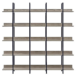 5 Tier Industrial Bookshelf, Triple Wide Wood Bookshelf with Metal Frame, Rustic Etagere Bookcase with Back Panel, Vintage Storage Rack with Open Shelves for Living Room, Bedroom, Study, Black&Gray