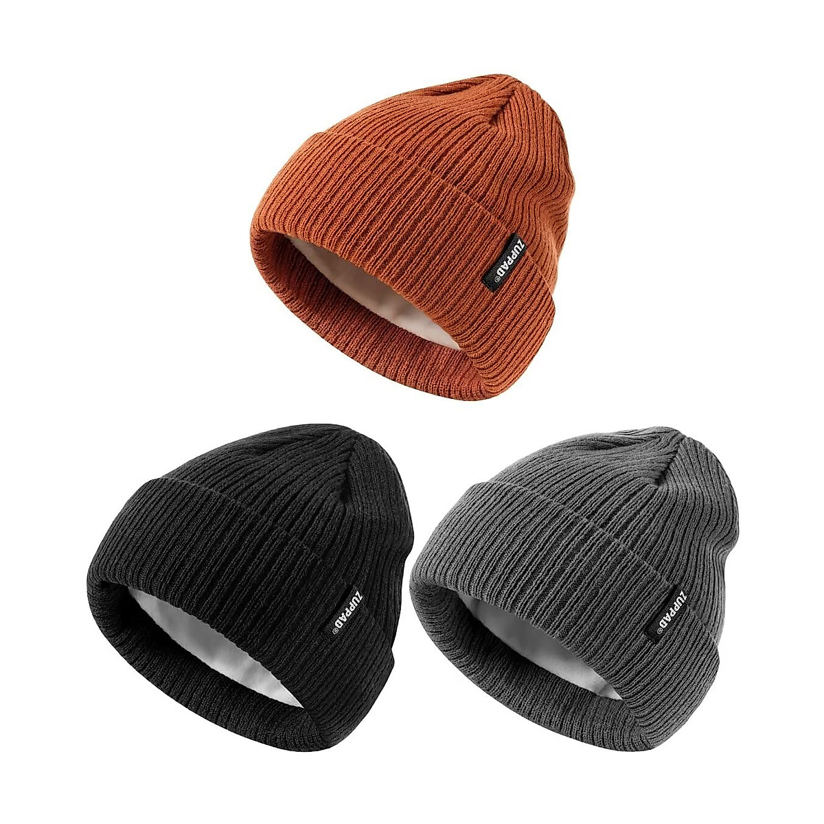 ZUPPAD Baby Beanie Hats, 3-Pack Winter Knit Hats with Fleece Lining for Boys and Girls (Dark Orange, Grey, Black)