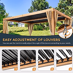 HAPPATIO Louvered Pergola 10x13 Outdoor Pergola, Woodgrain-Look Metal Pergola with Adjustable Rainproof Roof, Patio Pergola with Curtains and Mosquito Nets, Aluminum Pergola for Patio, Backyard, Deck