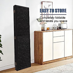 JVVMNJLK 4-Panel Pegboard Display Room Divider, Wood Folding Privacy Screen Freestanding Display Board Organizer for Retail, Craft Show, Art Display，Black