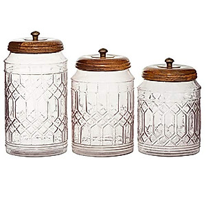 Deco 79 Glass Decorative Jars with Wood Lids, Set of 3 8", 9", 11"H, Clear
