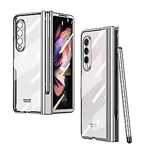 EAXER for Samsung Galaxy Z Fold 3 5G Case, Full Coverage Protection, with Screen Tempered Protector, Plating Hinge Protection Clear Case Cover with Stylus Pen (Silver)