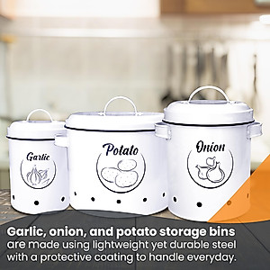 Wishful Home Potato storage | Onion & Potato Storage Container | Garlic, potato Keeper For Counter | Potato & Onion Storage Bin | potato onion garlic storage | 3 Metal Sets with Lid for Kitchen |White