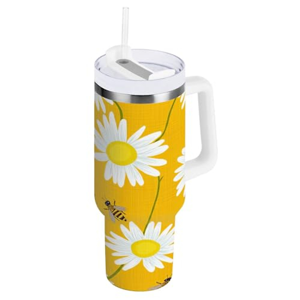 RPLIFE White Daisies Bees Warm Yellow 40 Oz Tumbler with Handle and Straw, Stainless Steel Tumbler with Straw, Coffee Tumbler