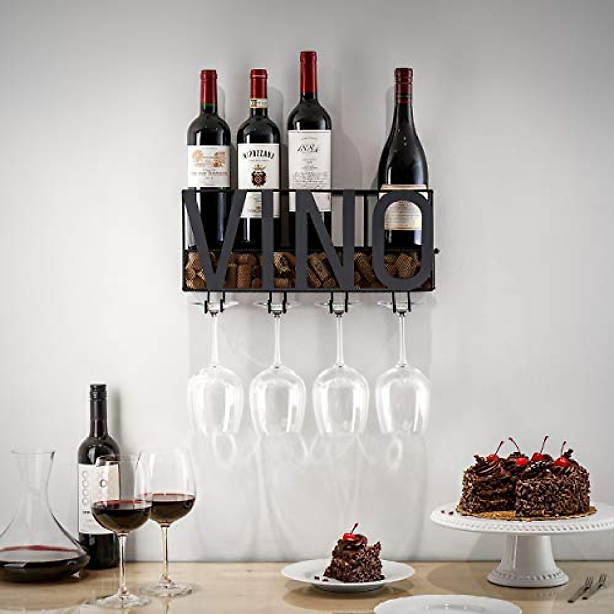 MKZ Products Wall Mounted Wine Rack | Wine Bottle Holder| Hanging Stemware Glass Holder | Cork Storage | Storage Rack | Home & Kitchen Decor (VINO - Bold)