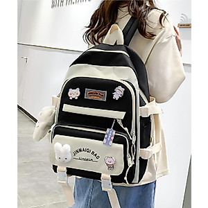 LaurelTree Kawaii Aesthetic Cute 5pcs School Bags Set with Accessories School Suppliers for Teens Girls Backpack Tote Bag (Black)