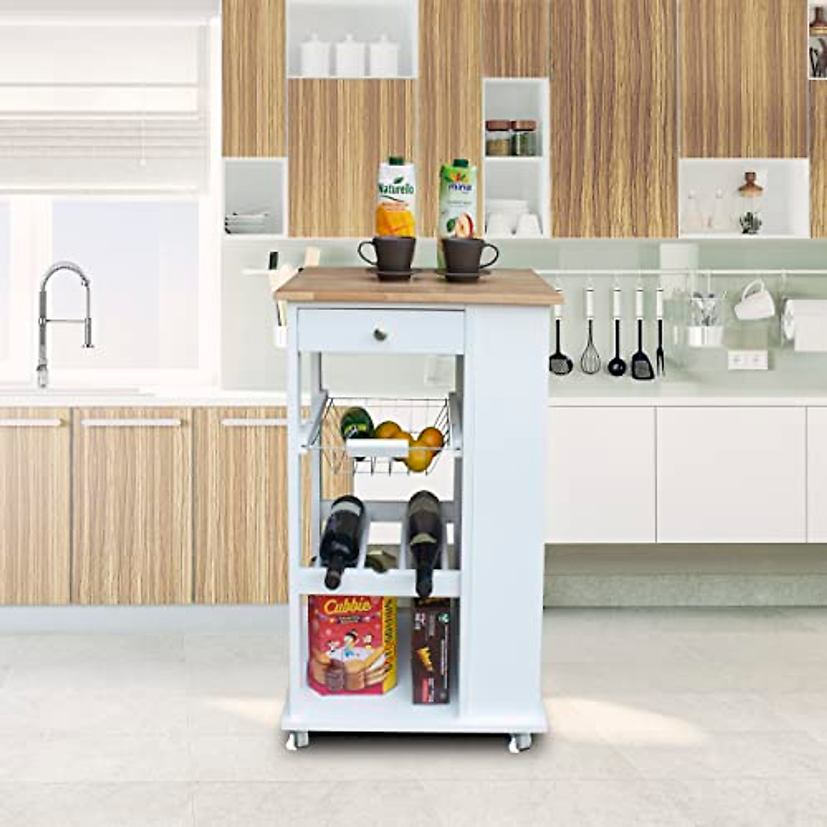 FUQIAOTEC 20" Small Size Rolling Mobile Kitchen Island, Kitchen Cart with Drawer and Storage Cabinet, Coffee Cart on Wheels, 3 Storage Wine Racks on The Side (White)
