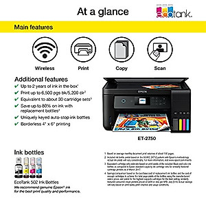 Epson EcoTank ET-2750 Wireless Color All-in-One Cartridge-Free Supertank Printer with Scanner, Copier and Ethernet, Regular