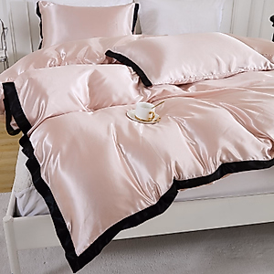 Pink Satin Duvet Cover Set Extra Comfy Silky Bedding Set Black Fringe Elegant Design Soft Smooth Luxury Silk Like Satin Queen Duvet Cover Set