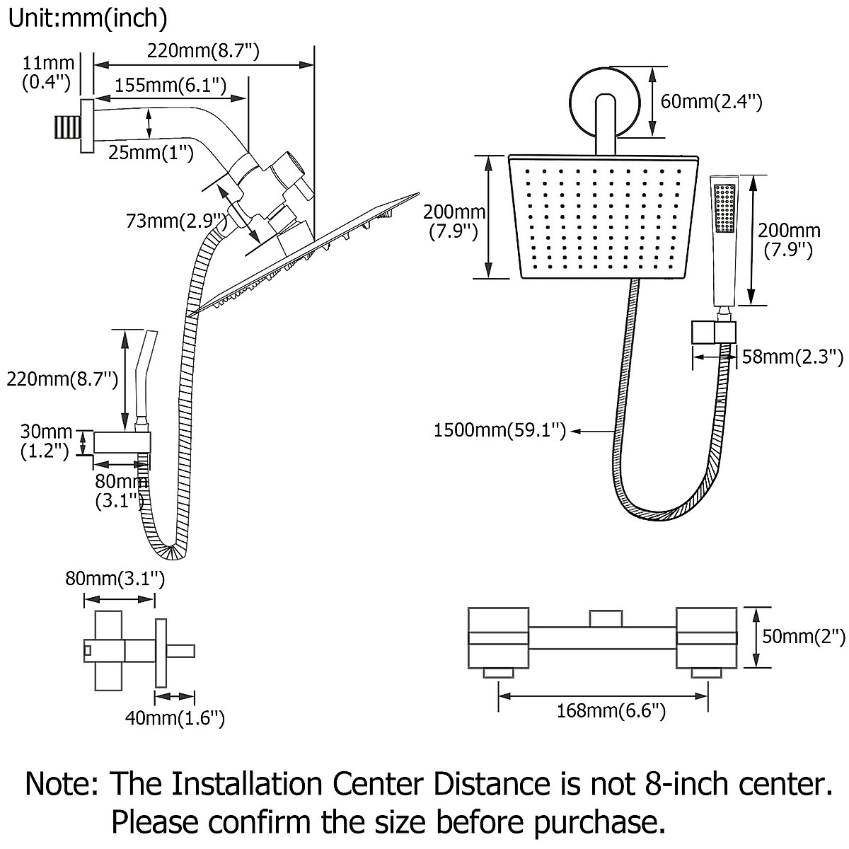 FSCEPIXI 2 Handles Shower Faucet Set,Rain Shower Head with Handheld Shower Combo Set,Dual 2 in 1 Shower System,Wall Mounted,Matte Black