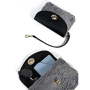 Fur Carryall Tote Bag with Wristlet Clutch Women Chain Shoulder Handbag (Black) Large