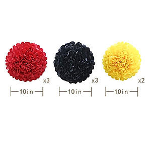 Red Yellow Black Hanging Paper Party Decorations, Round Paper Fans Set Paper Pom Poms Flowers for Mickey Mouse Theme Firetruck Birthday Wedding Graduation Baby Shower