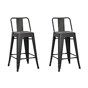 AC Pacific Modern Industrial Metal Bar Stool, Bucket Back and 4 Leg Design Ideal for Kitchen Island or Counter Top, Set of 2, 24" Seat, Matte Black
