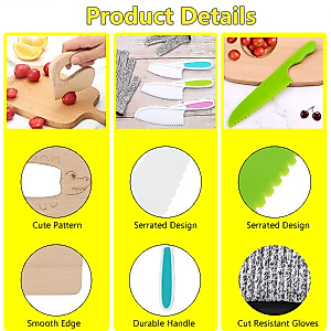 COZYMATE 6pcs Kids Wooden and Plastic Knife Set, Kids Safe Knife with Wood Kids Knife Resistant Gloves Cooking Knives Serrated Edges Toddler Knife Kids Plastic Knife for Kitchen Children