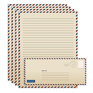 Vintage Airmail Stationery Paper Set, 100-Piece Set (50 Lined Sheets + 50 Matching Envelopes), Letter Size 8.5 x 11 inch, Double Sided & Lined Paper, by Better Office Products