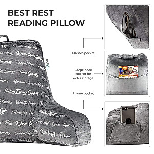 MYOOLOO Gratitude Reading Study Pillow Bed Wedge with Arms and Pockets Bolster Back Support Lumbar - Certified USA Made Memory Foam