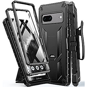 FNTCASE for Google Pixel 7 Case: Built-in Screen Protector & Kickstand | Extra Front Frame | Full-Body Dual Layer Rugged Belt-Clip Holster | Military Shockproof Cell Phone Protective Cover 5G - Black