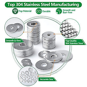 304 Stainless Steel Large Fender Washers Assortment Kit, 230 Pieces 15 Sizes – M3 M4 M5 M6 M8 M10 M12 Suitable for Furniture Installation, Ship Car Assembly, DIY Project, Electrical Connections