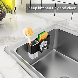 Sink Caddy Sponge Holder, Sponge Caddy and Dish Brush Holder, 3-in-1 Sink Organizer, Come with Sink Stopper Holder, Adhesive Installation, for Kitchen, Bathroom, Matte Black Stainless Steel