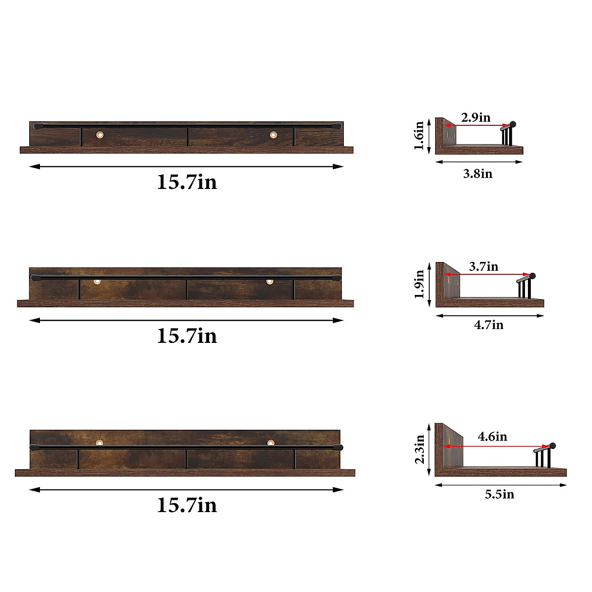 Giftgarden 16 Inch Brown Floating Shelves with Black Metal Guardrail, Wood Shelves for Wall Storage Set of 3, Wall Shelf for Bathroom Bedroom Living Room Kitchen Nursery
