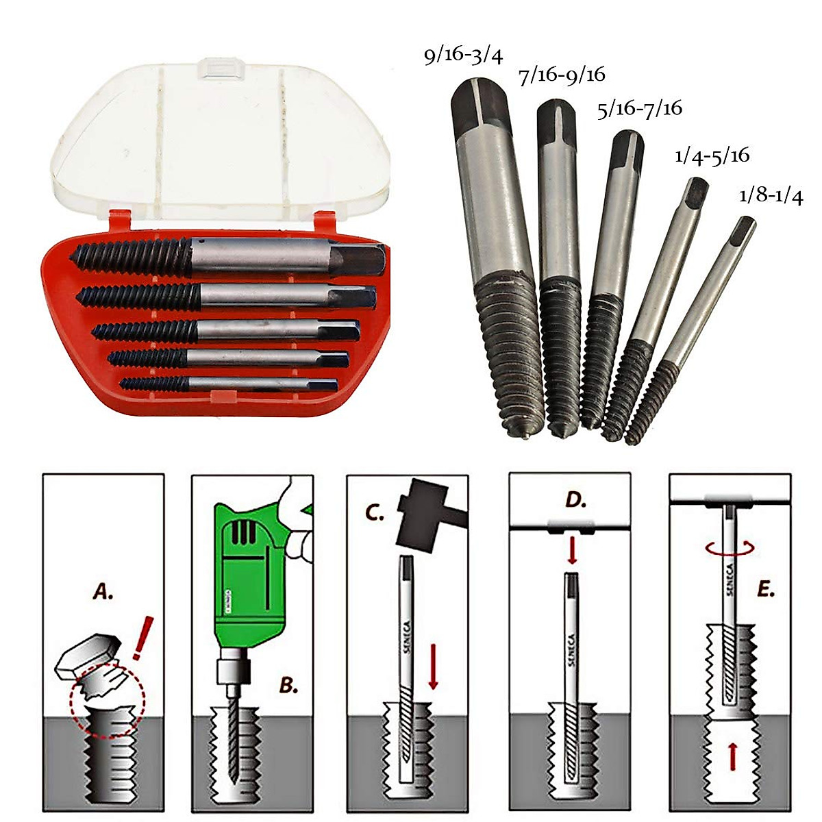 【The Best Deal】OriGlam 5PCS Screw Extractor Easy Out Set Drill Bits, Guide Broken Damaged Bolt Remover Tools Kit Set 3-9mm