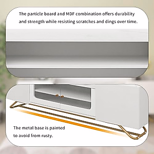 FridayParts Sleek Design 63.07" TV Stand with Fluted Glass, Contemporary Entertainment Center for TVs Up to 65", Faux Marble Top TV Console Table with Gold Frame Base, White