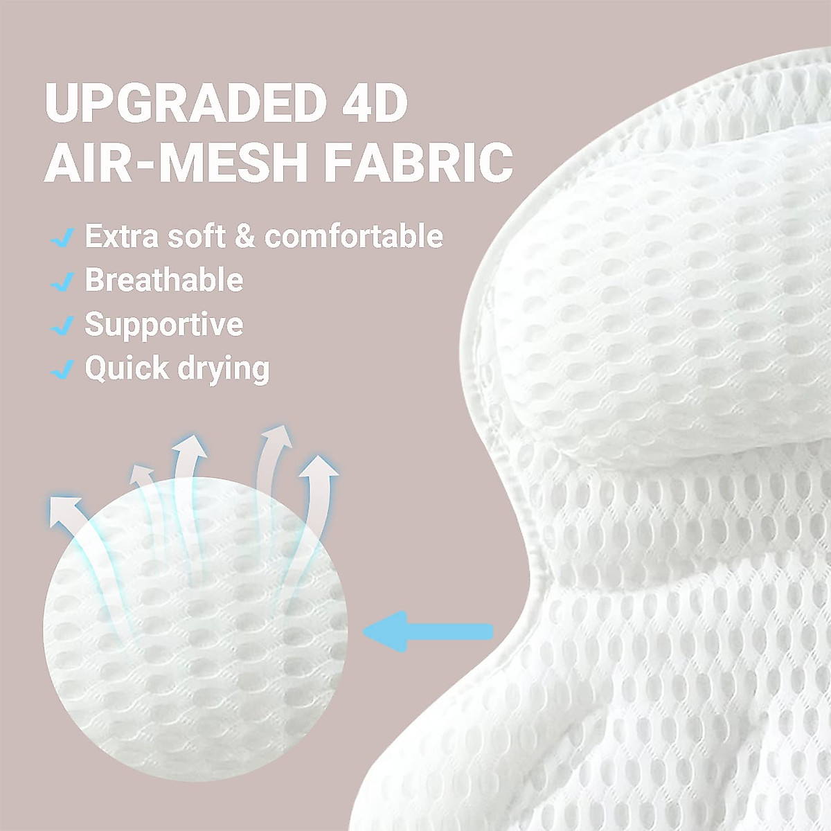 Bath Pillow Luxury Bathtub Pillow - Bath Pillows for Tub Neck and Back Support, Ergonomic Tub Pillow for Bath with 4D Air Mesh + 6 Strong Suction Cups, Great Spa Gifts Bathtub Accessories