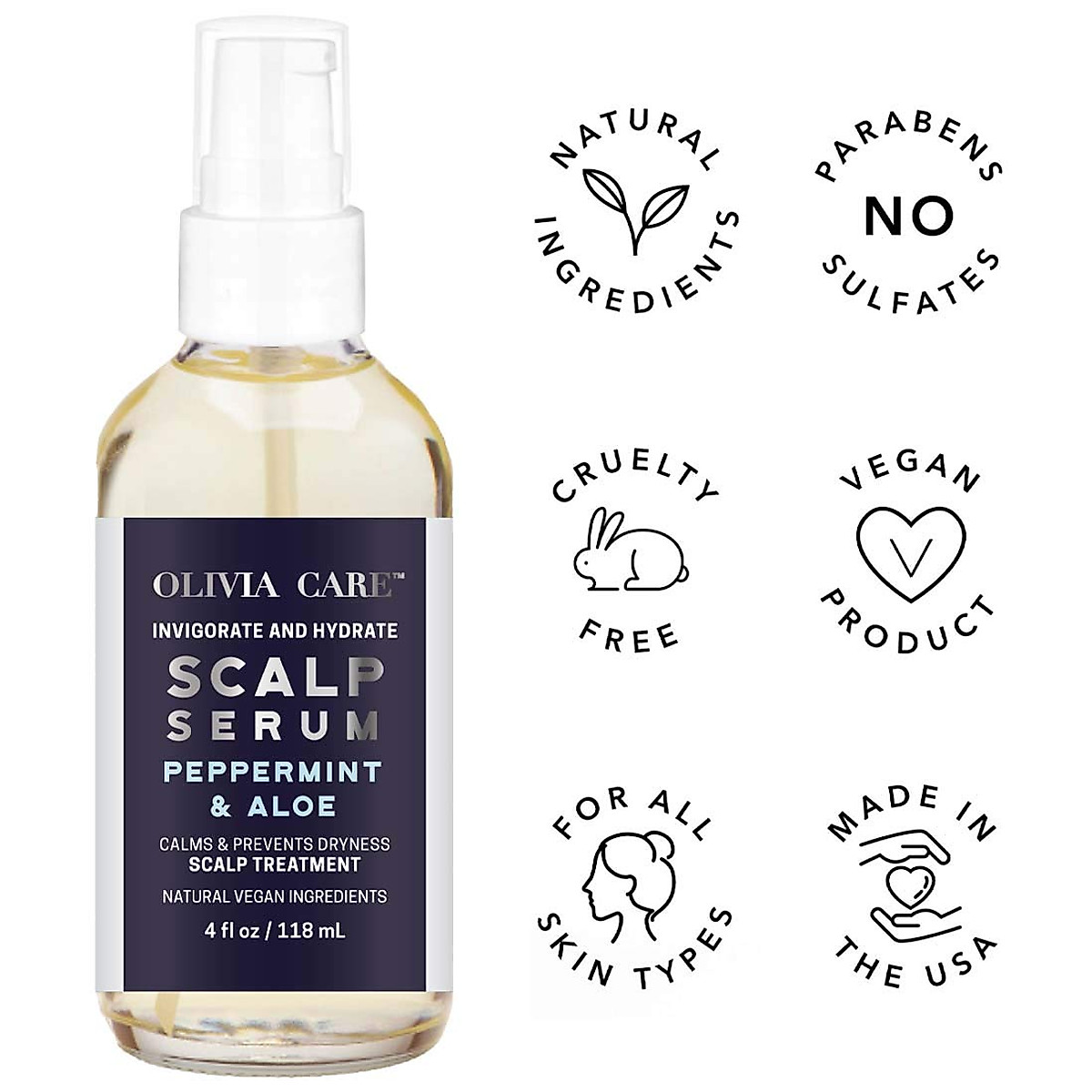 Peppermint & Aloe Hair Scalp Serum by Olivia Care - Natural & Vegan Ingredients - Invigorate, Soothe, Calm, Hydrating Scalp Treatment - Prevent Dryness - 4 FL OZ