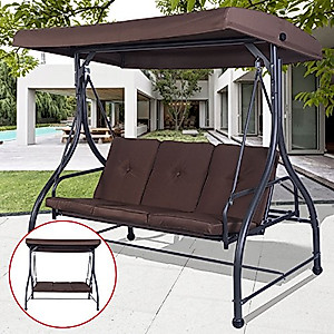 Tangkula Converting Outdoor Swing Patio Porch Garden Swing with Comfortable Cushion Seats, Adjustable Canopy & Coated Steel Frame Hammock 3 Seats Patio Deck Furniture (Brown)