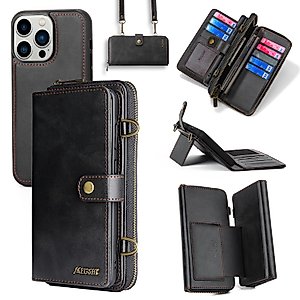 Compatible with iPhone 14 Pro 6.1 inch Wallet Case Crossbody Shoulder Strap Stand Card Holder Multi-Function 2in 1 Detachable Magnetic Phone Cover for iPhone14Pro 5G i i-Phone i14 iPhone14 14Pro Black