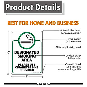 Designated Smoking Area Sign, Use Cigarette Bins Sign - 2 Pack - 10 x 7 Inches Rust Free .040 Aluminum - UV Protected, Waterproof, Weatherproof and Fade Resistant - 4 Pre-drilled Holes