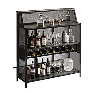 REHOOPEX Home Bar, 4 Tier Industrial 51in Bar Cabinet, Farmhouse Liquor Cabinet with Footrest, Wood Bar Cabinet Wine Storage Shelf, Metal Buffet Cabinet for Home, Kitchen, Pub (Black)