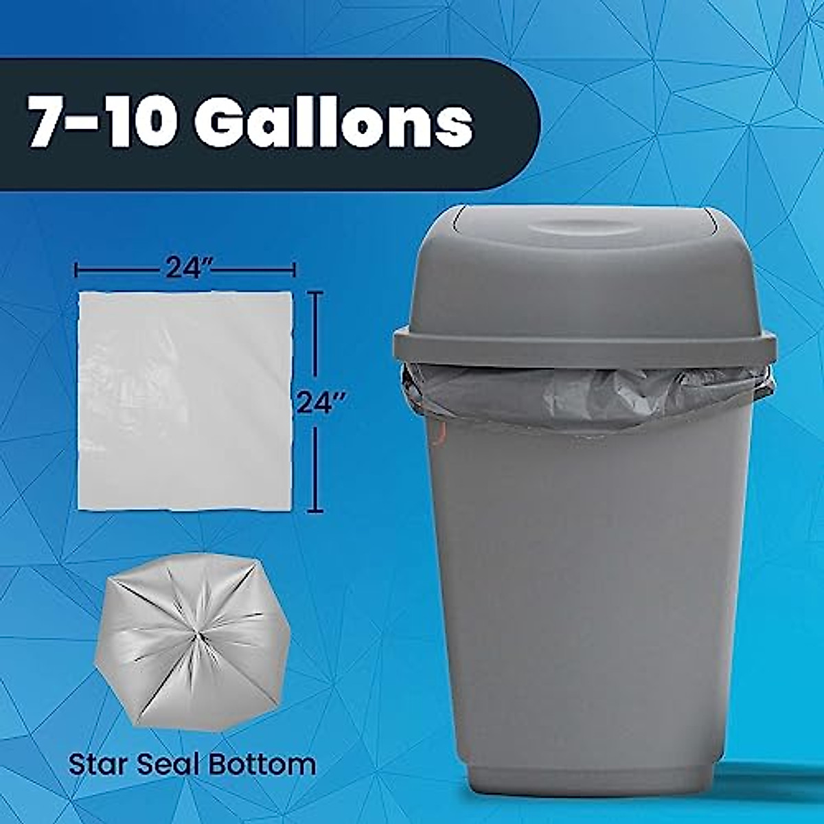 Large Trash Can Liners, 50 Count - 7-10 Gallon Garbage Bags for Office Trash Cans, Bathrooms, Laundry, Bedrooms - 22 Microns Thick, Gray Transparent