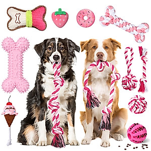Vinsot 12 Pack Large Dog Chew Toys for Aggressive Chewers Pink Large Dog Teething Toys with Dental Rope Toys, Squeaky Toys, Treat Balls and Chew Bone for Medium, Large X-Large Breeds Dogs